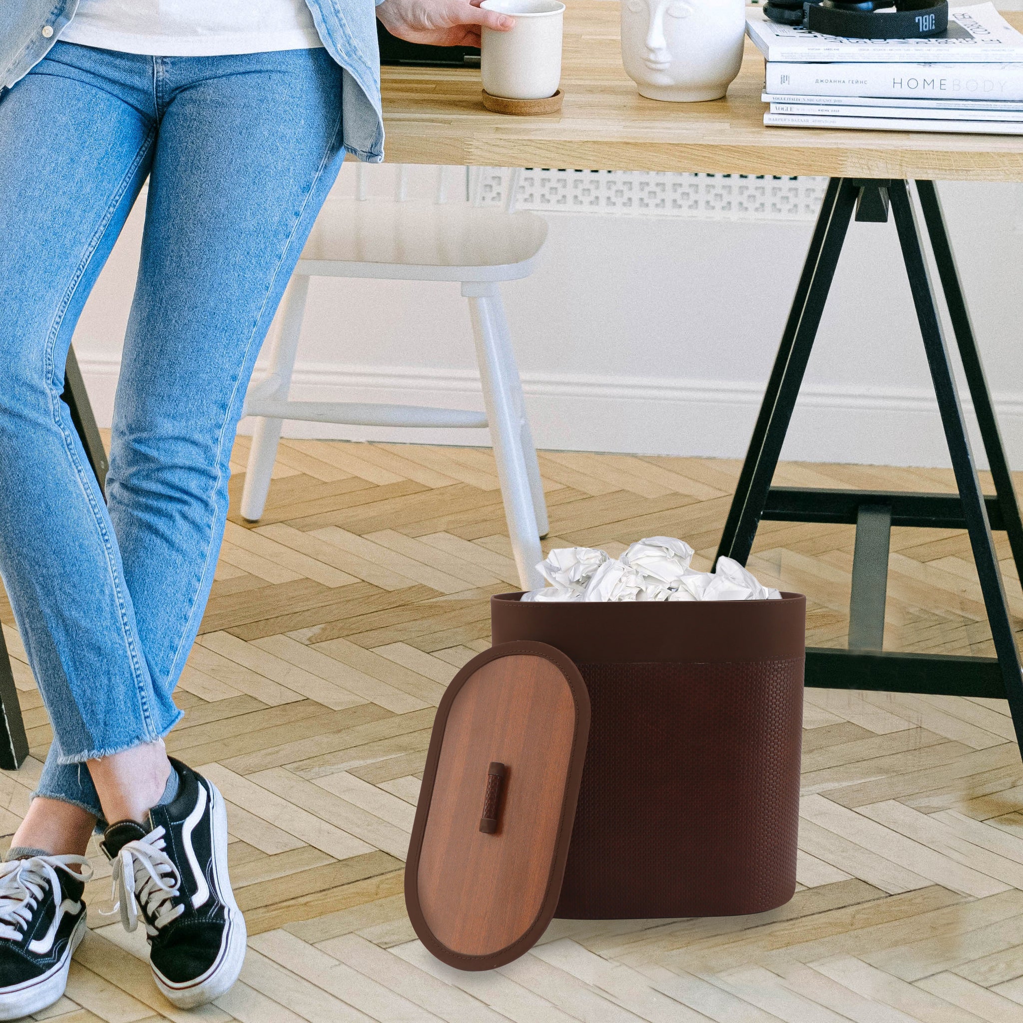 Dustbin With Lid - Brown Leatherette - Dustbin for Home, Office