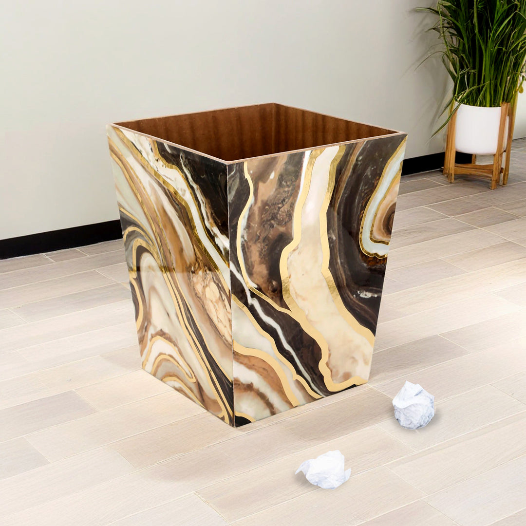 Dustbin - Brown Marble Pattern Enamel - Wooden Dustbin