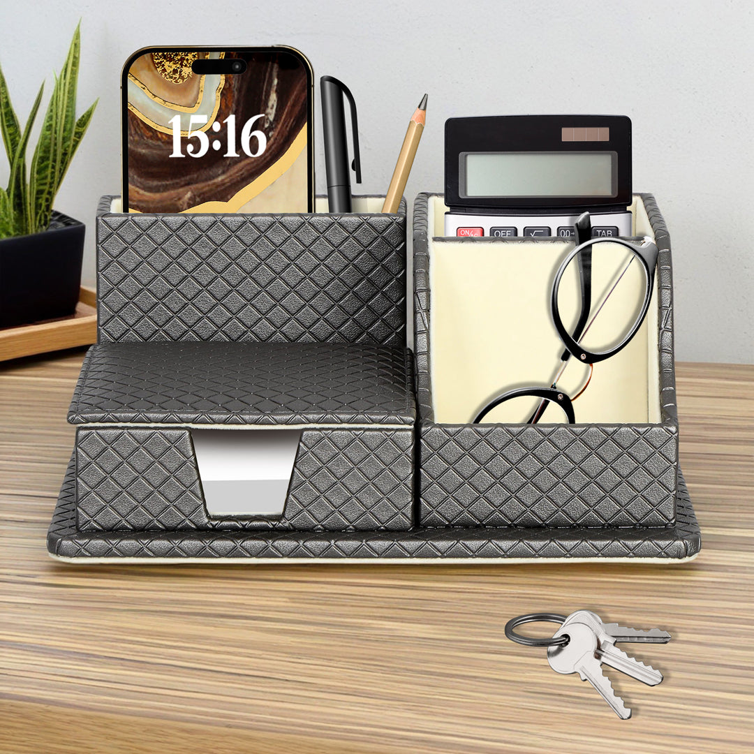 Table Organiser - Grey Leatherette Multipurpose Desk Organiser